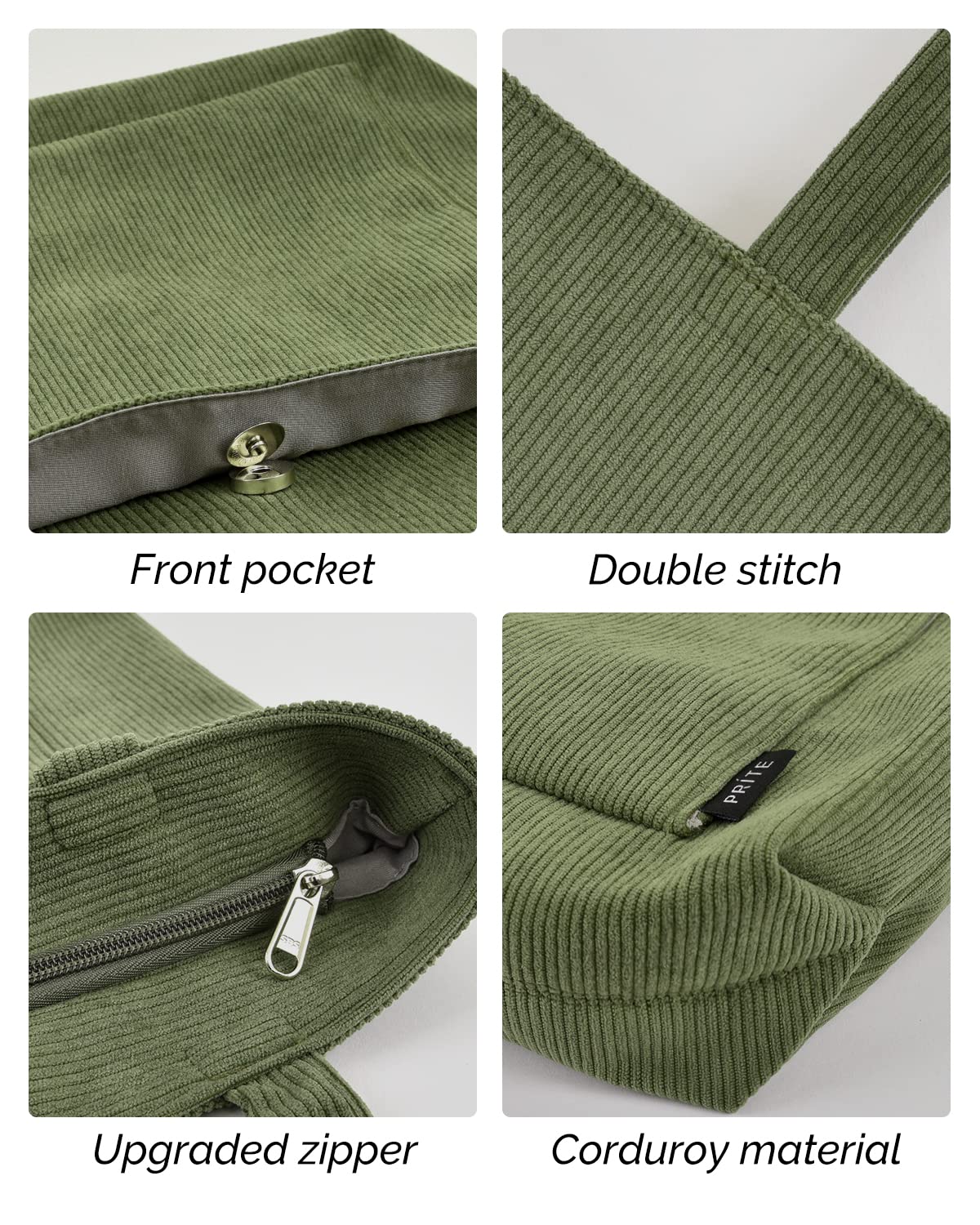 Prite Corduroy Tote Bag for Women Large Shoulder Bag with Zipper and Pockets for College Work Travel Shopping(Green)