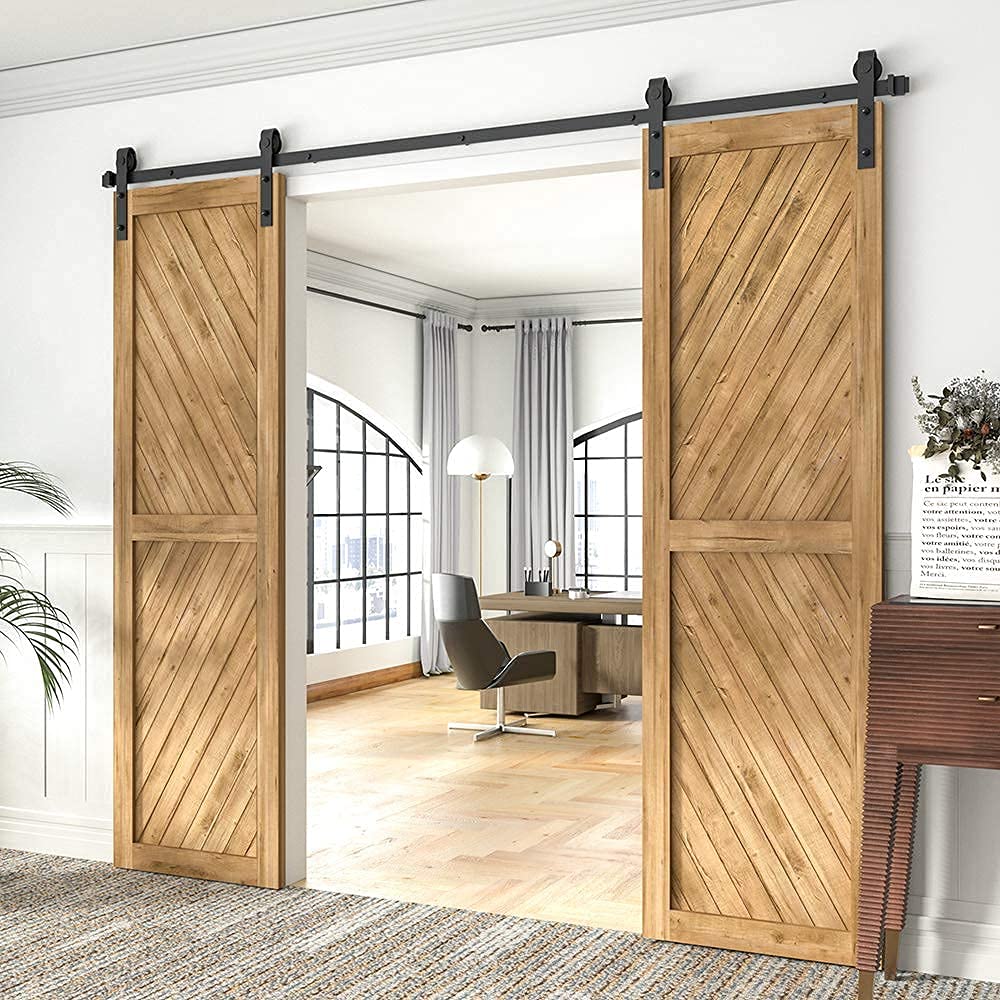 WINSOON 10FT Sliding Barn Wood Door Hardware Cabinet Closet Kit with 2PCS 12 Inch Sliding Barn Door Handles Black Hardware with Pull and Flush Barn Door Handle Set