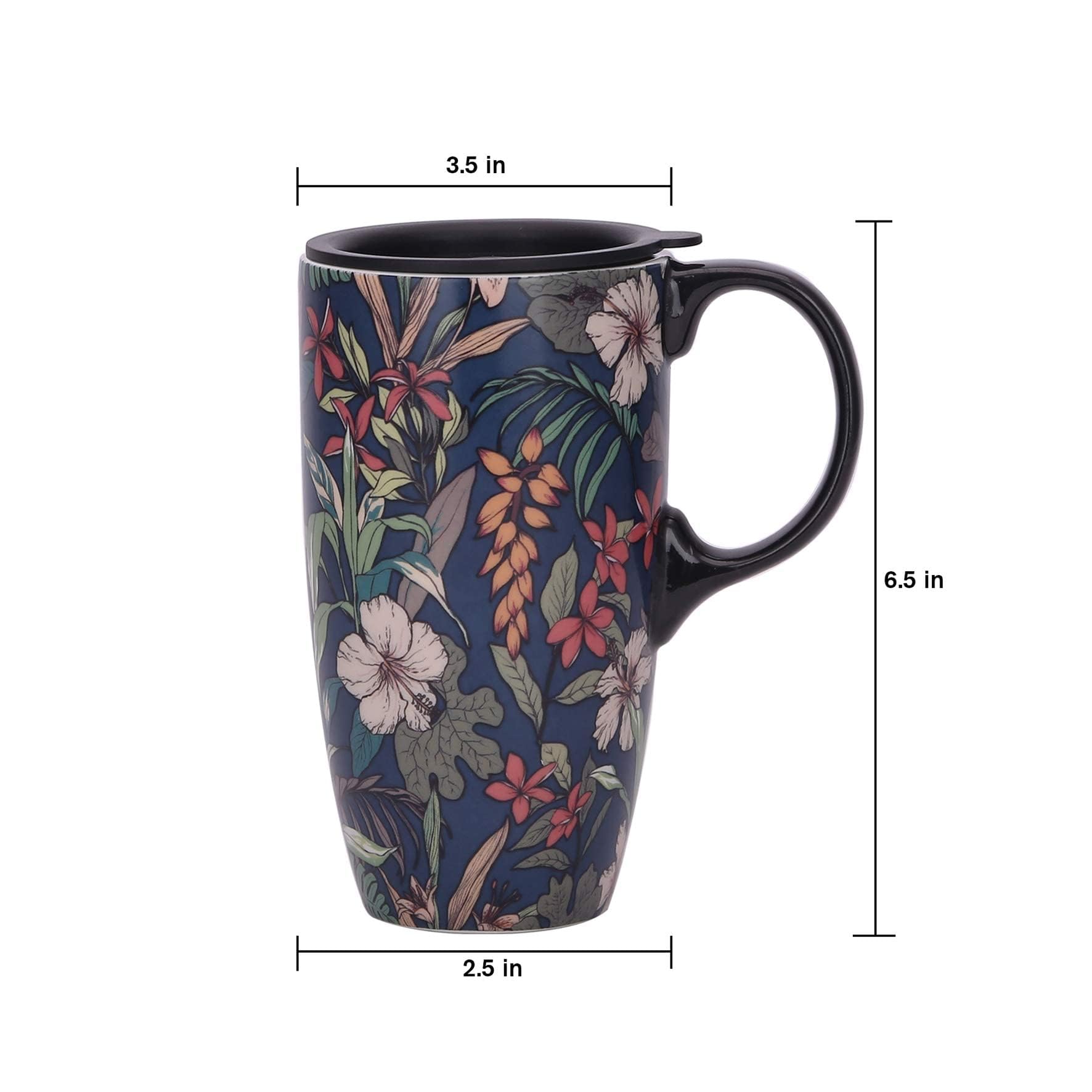 TZSSP Coffee Ceramic Mug Porcelain Latte Tea Cup With Lid 17oz. 2pack Blue and Black
