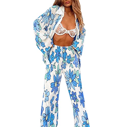 Women 2 Piece Pleated Pants Set Boho Floral Print Long Sleeve Button Down Shirt Summer Cute Linen Pants Outfits (Blue, M)