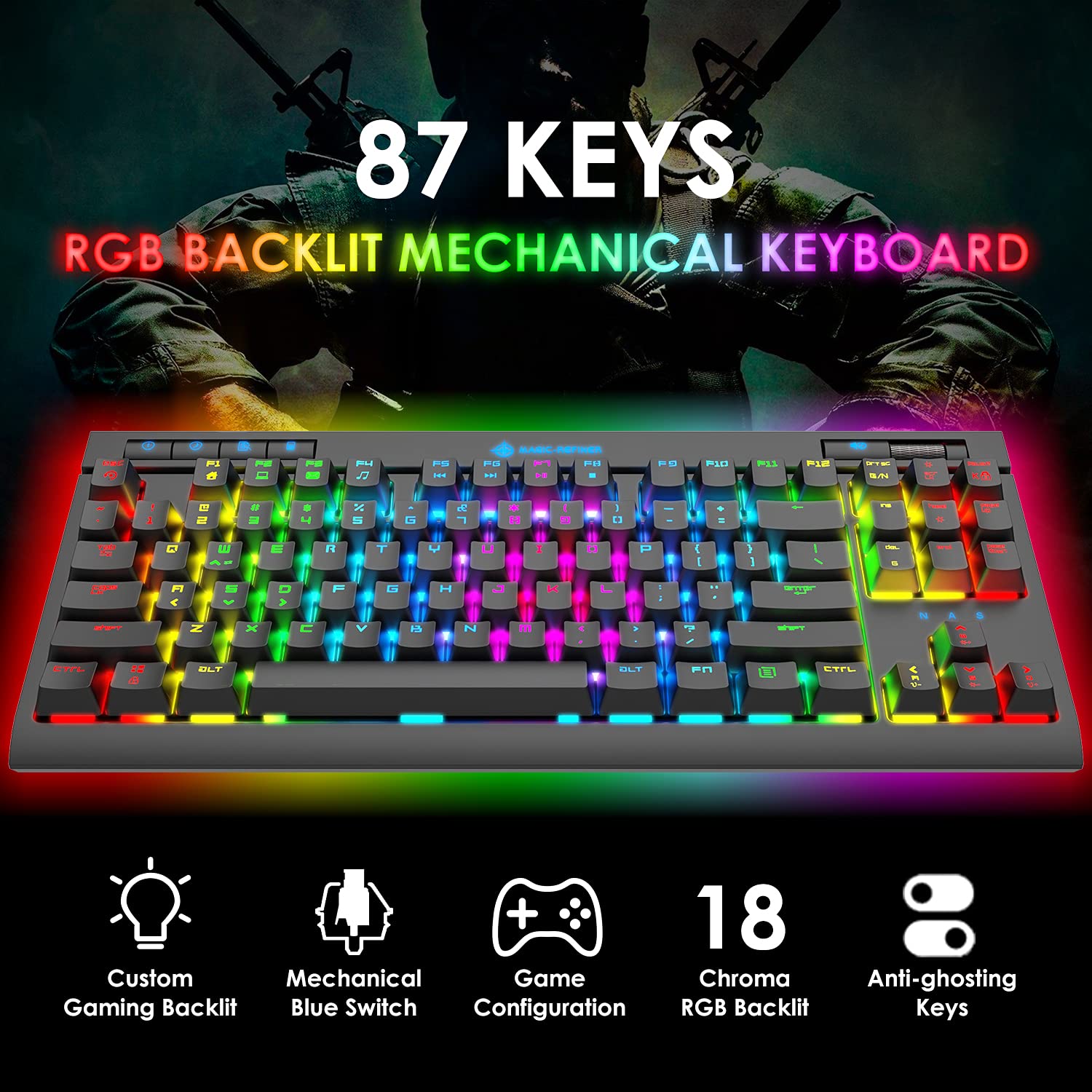 ZIYOU LANG Mechanical Gaming Keyboard,87 Keys Chroma RGB LED Backlit,Black Computer Keyboard,PU Wrist Rest,Multimedia Keys,Anti-ghosting Keys,Waterproof Light Up USB Wired Keyboard for PC Mac Xbox