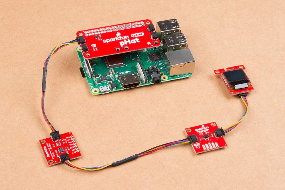 SparkFun Qwiic Starter Kit for Raspberry Pi (not included) v2-CNL4040 Proximity Sensor breakout Micro OLED breakout Environmental Combo breakout & plenty of Qwiic Cables to connect everything together