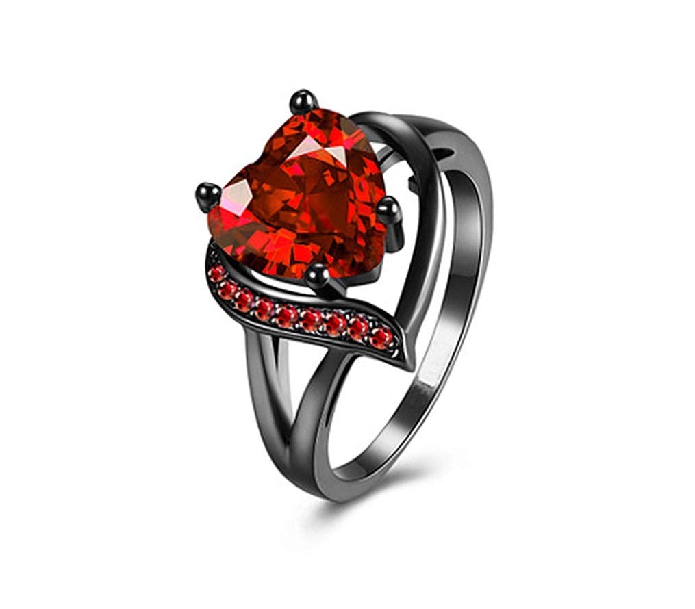 XIALV Women's Simulation Ruby Heart-Shaped Black Gold Promise Jewellery Band Red Cubic Zirconia Wedding Ring Size 6-10 (US size 10)