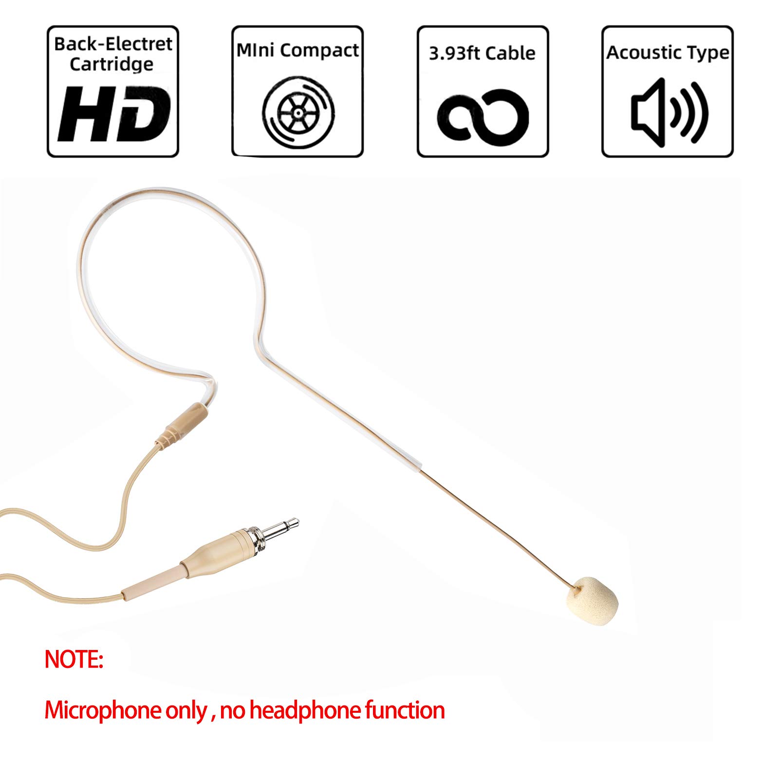 Sujeetec Headset Headworn Microphone - 3.5mm Thread Screw Lock Head Microphone for Wireless System & Body/Belt Pack Transmitter β Beige Single Earhook Omnidirectional Headset Head Mic