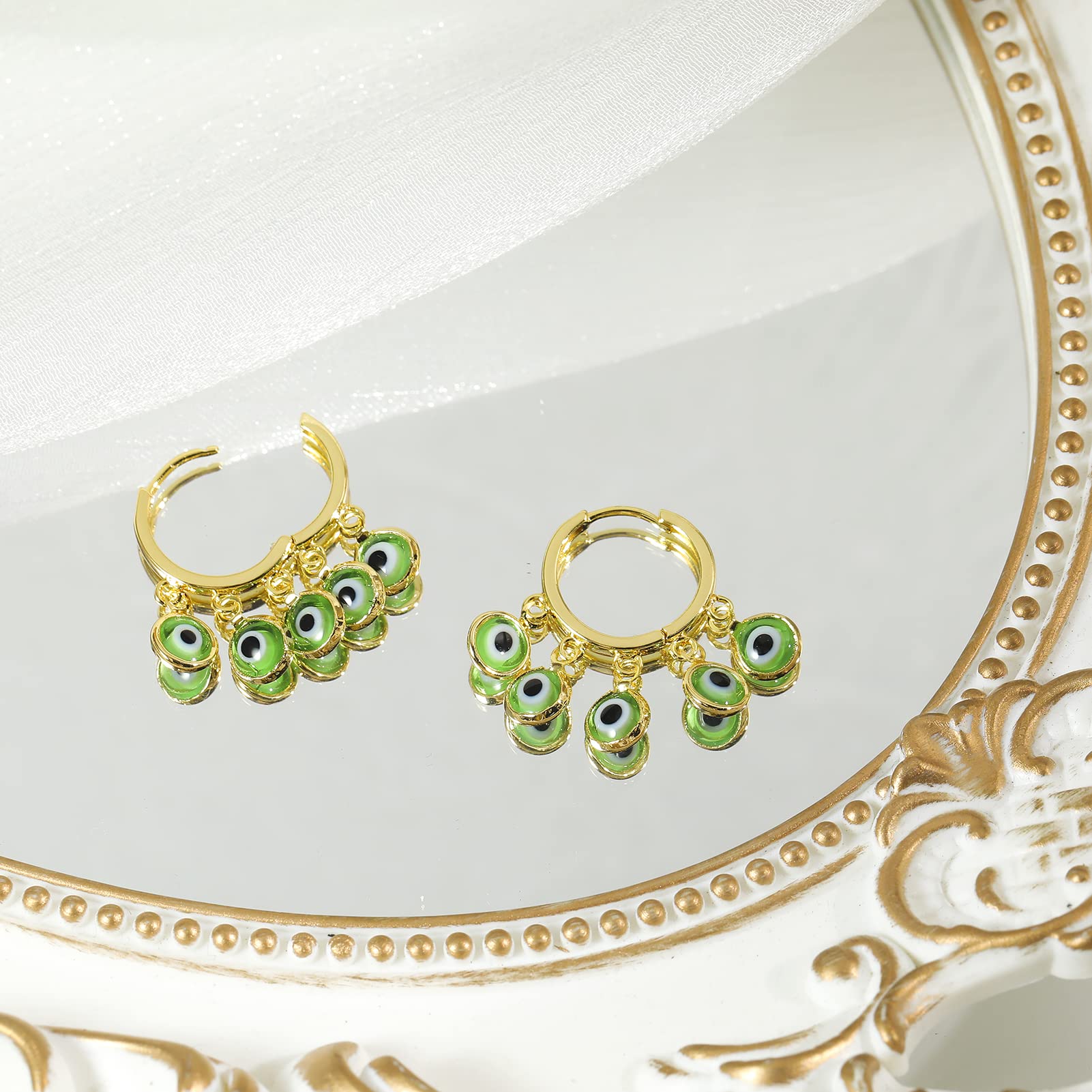 ZJMIHUA Huggie Hoop Earrings, 14K Gold Plated Circle Small Dangle Hoop Earrings Hypoallergenic Dainty 5 Evil Eyes.(Circle green)