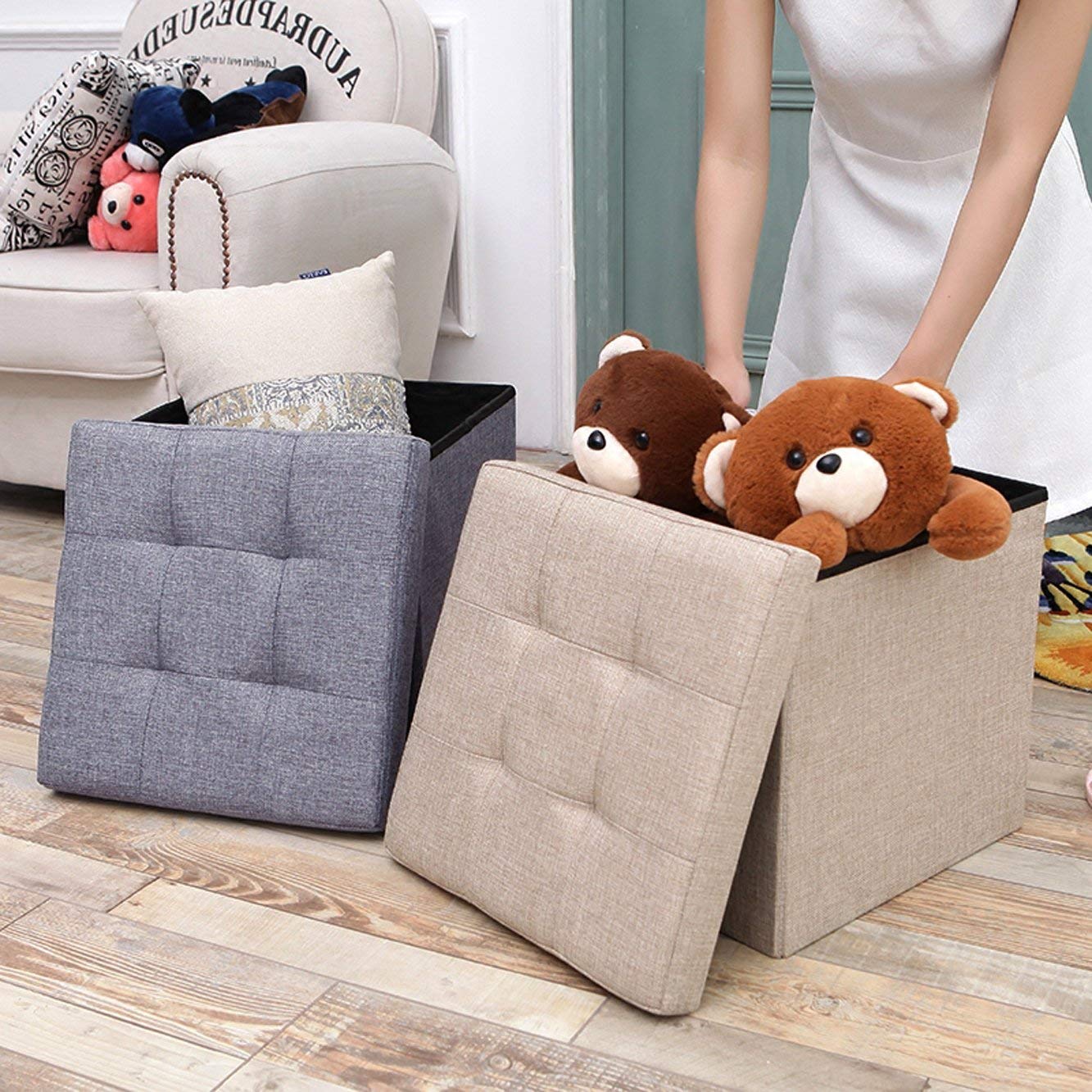 TOUCH-RICH Folding Cube Storage Ottoman with Padded Seat Linen Fabric Footrest Memory Foam 15” x 15” x 15”-2 Packs(Light Grey)