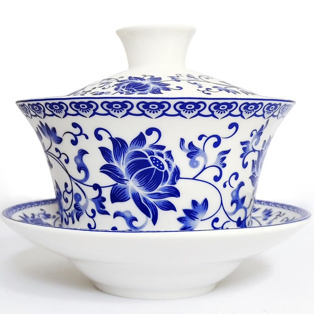 WEOPYCJ Chinese Gaiwan Tea Cup, Asian Traditional Porcelain Kungfu Handleless Tea Cup with Lid and Saucer 6.8Oz, China Classic Gaiwan (Blue Lotus)