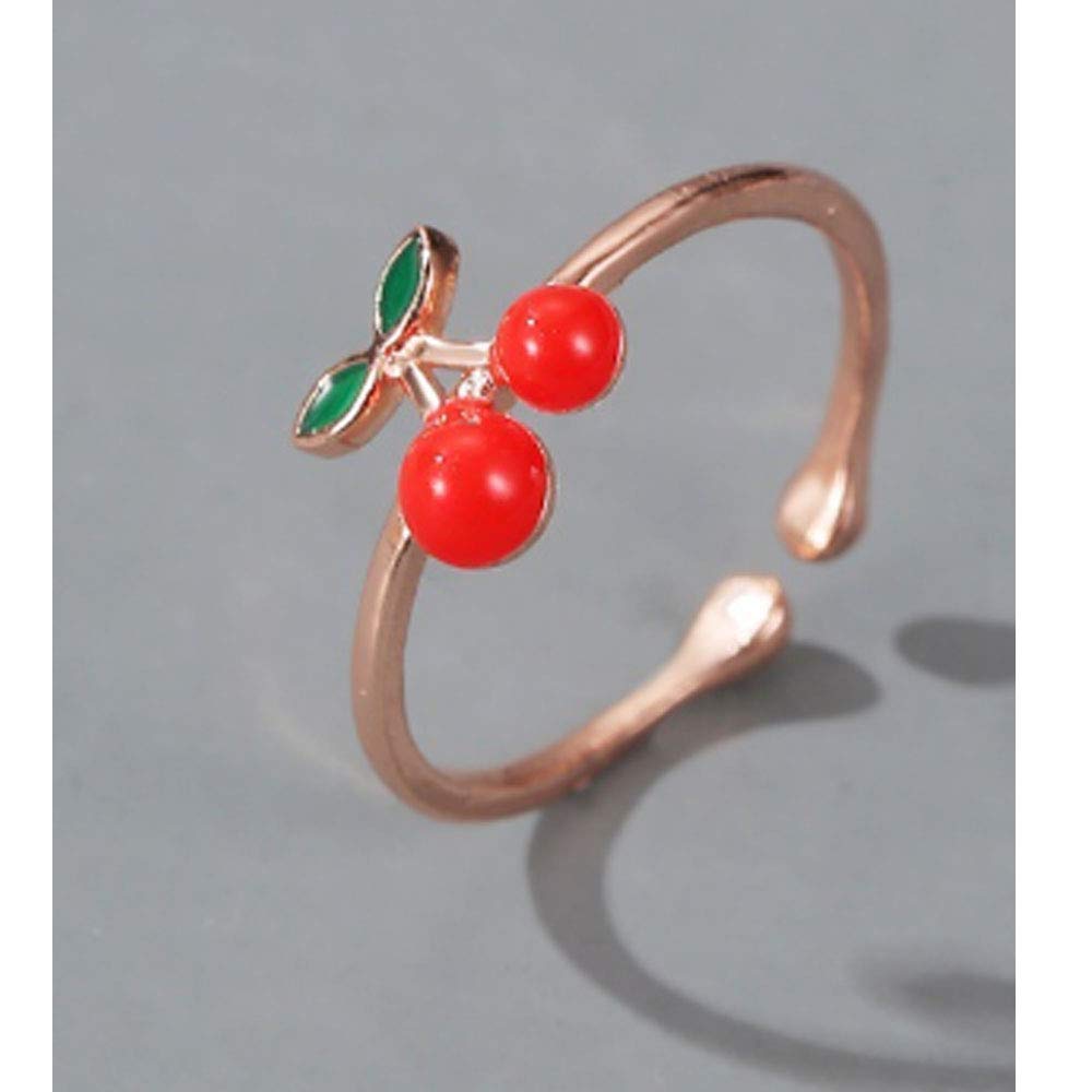 Tafeily Cute Red Cherry Ring Open Ring Band Ring Stacking Rings Adjustable Cherry Fruit Ring for Woman Girls (A)