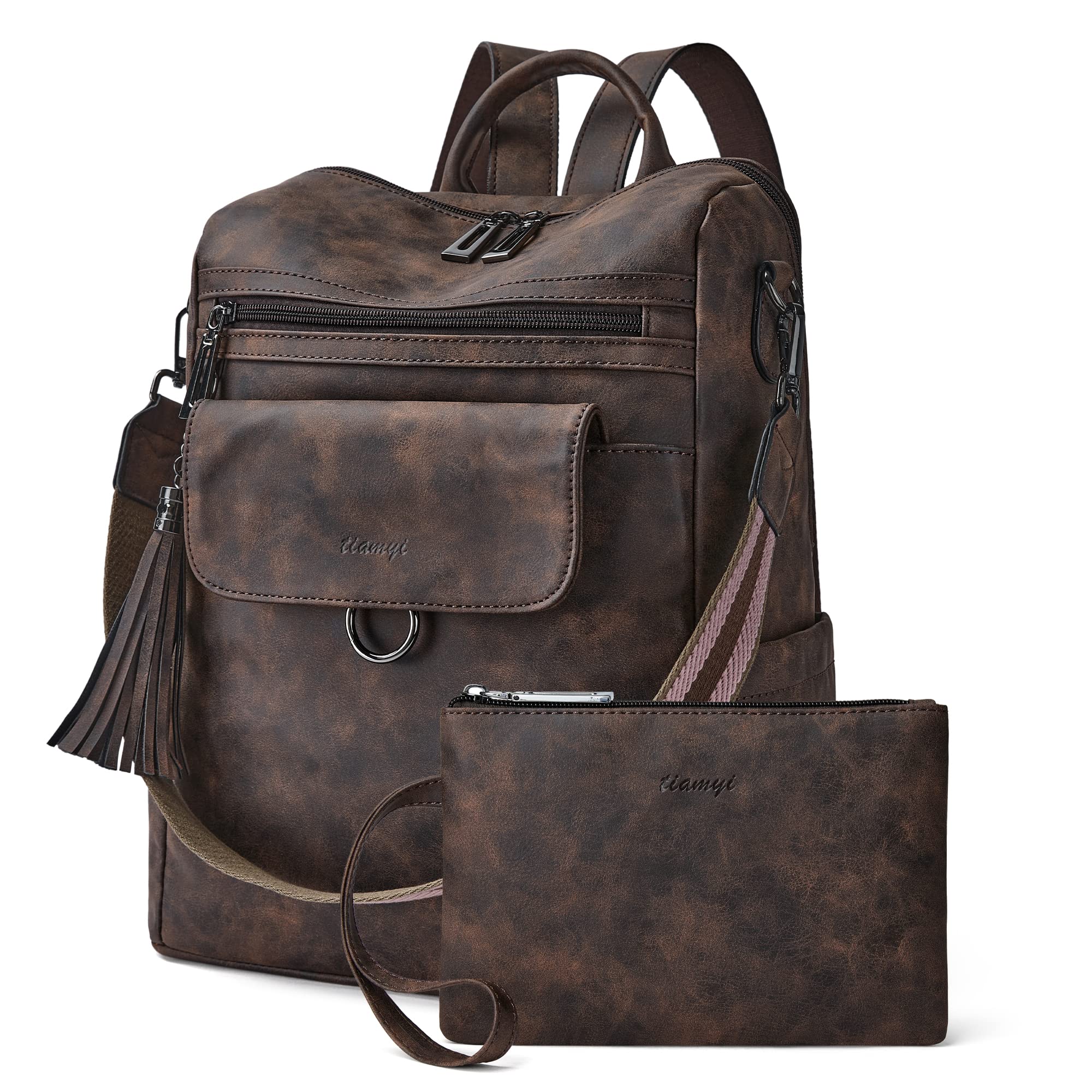 tiamyi Leather Backpack for Women, Backpack Purse for Women Fashion Convertible Shoulder Bags Daypack (1-2 coffee)