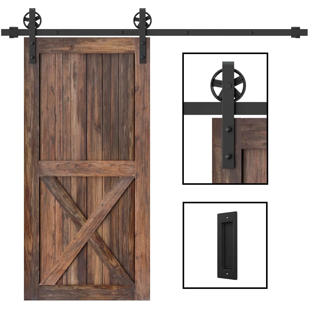 WINSOON 7.5FT Single Wood Sliding Barn Door Hardware Black Big Wheel Kit with 1 Pcs 6-1/2" Flush Pull Handles, Rectangular Recessed Invisible Flat Finger Pull Set
