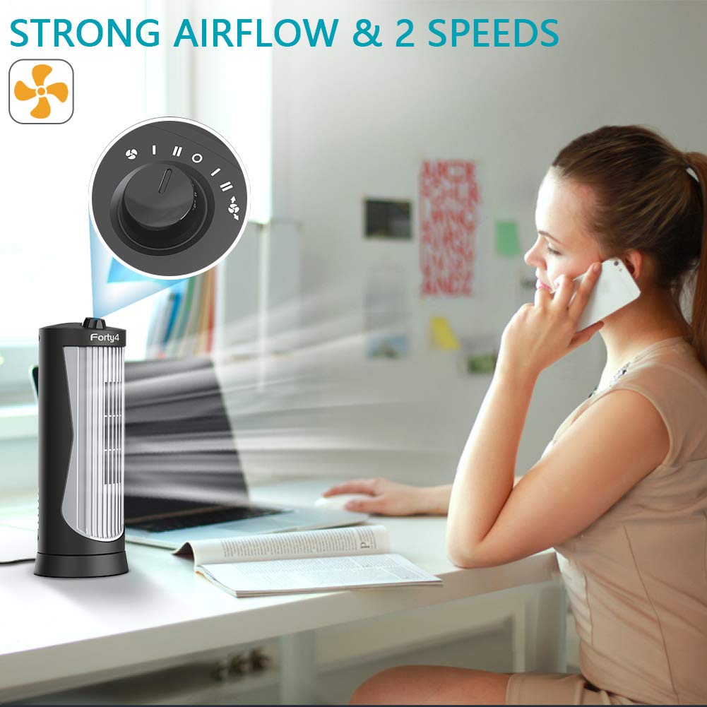 Small Tower Fan, 13 inch Electric Oscillating Desk Fan, 2 Settings, Equipped with Turbine Technology, Compact, Personal Rotating Standing Fan for Office Tabletop Home Nightstand