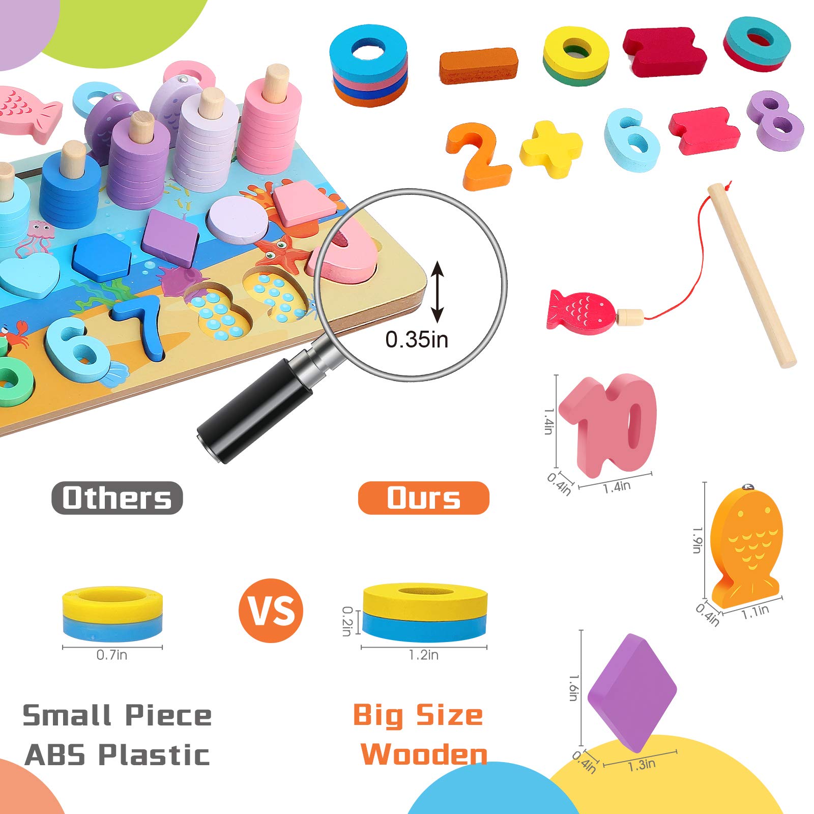 Sitodier Wooden Number Puzzle Sorting Montessori Toy for Toddlers | Shape Puzzle Matching Counting Fishing Game for Ages 2 3 4 5 Years Kids Math Stacking Preschool Educational Learning Activities Toy