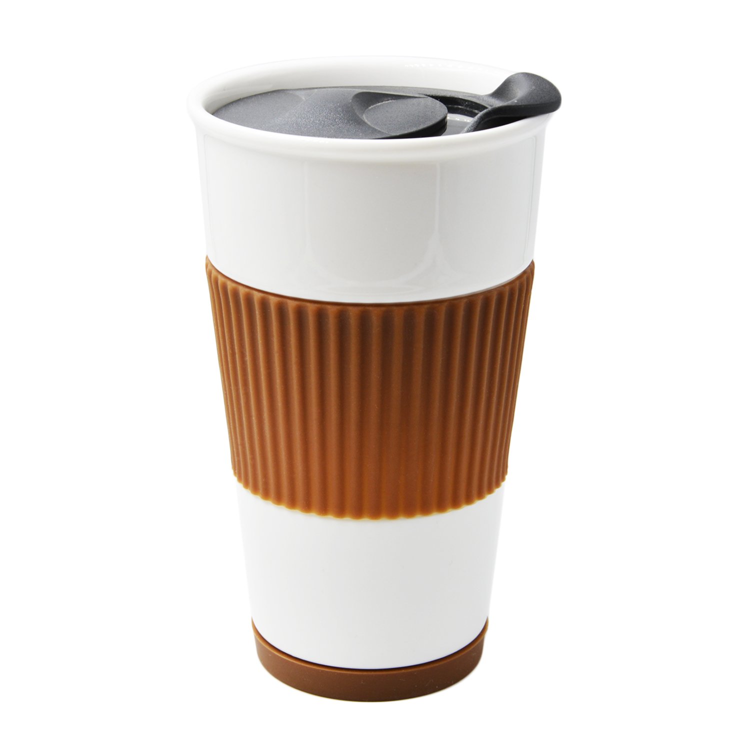 UDMG Ceramic Double Wall Insulated Travel Coffee Cup with Slider Lid, Silicone Sleeve & Built-in Coaster, 10 fl.oz (Coffee)