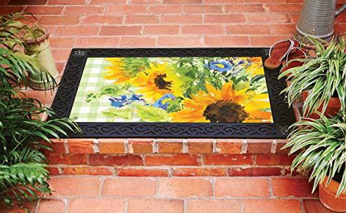 Studio M MatMates Sunflowers on Gingham Decorative Floor Mat Indoor or Outdoor Doormat with Eco-Friendly Recycled Rubber Backing, 18 x 30 Inches