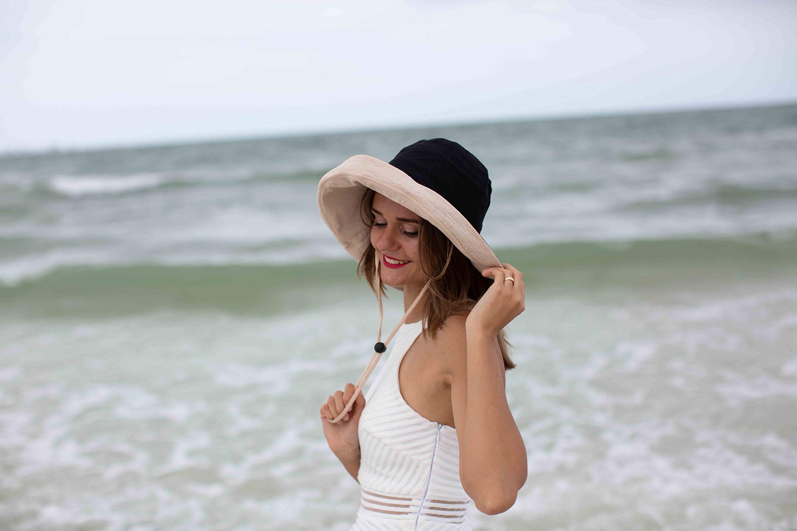 Sun Hats Women Bucket Floppy Cotton Hat Wide Brim Summer Beach Caps Packable UV UPF 50+ (Black)
