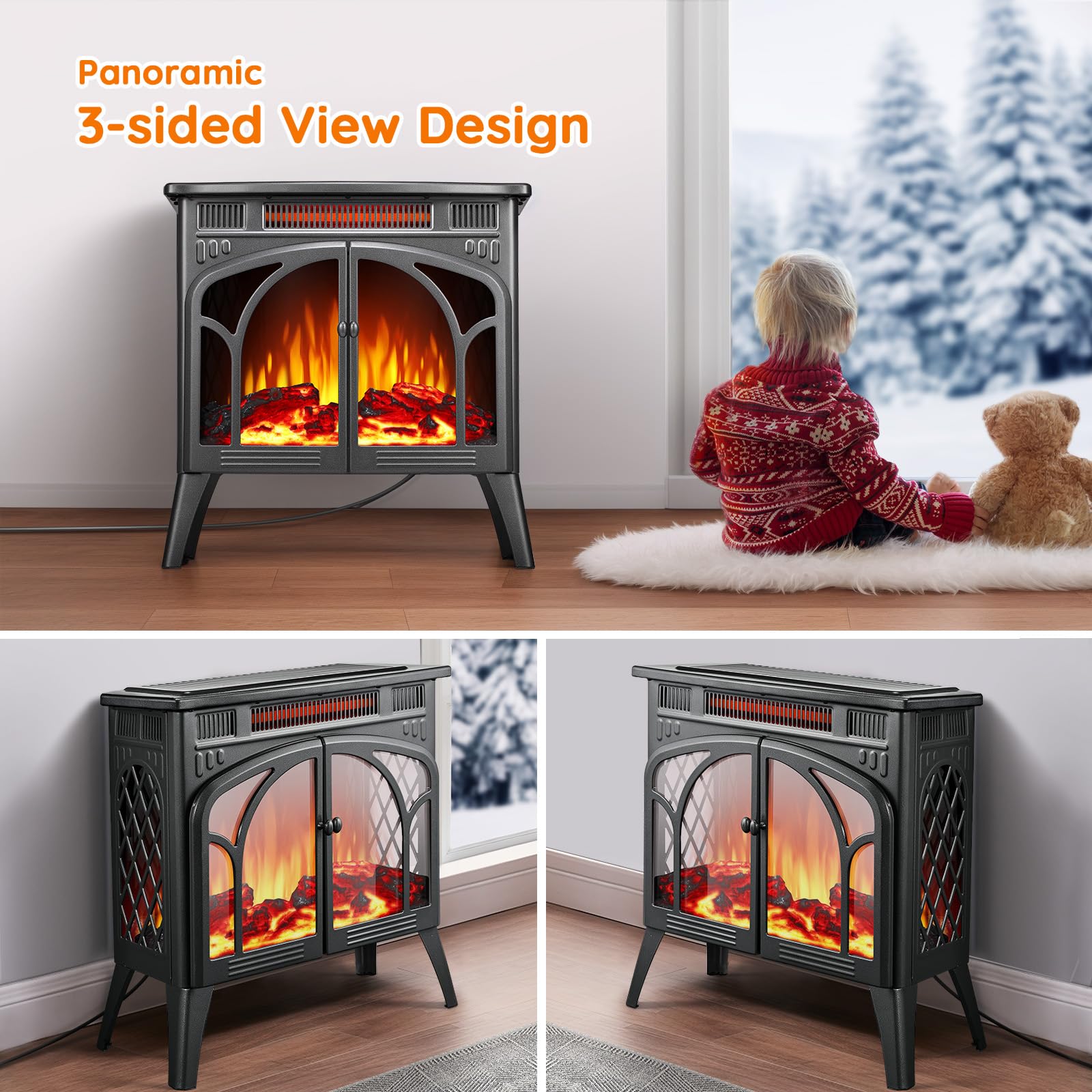 Rintuf Electric Fireplace Heater, 1500W Infrared Fireplace Stove w/3D Realistic Flame, 5100BTU Freestanding Electric Stove Heater with Remote Control, 8H Timer, Ideal for Indoor Outdoor Home Use