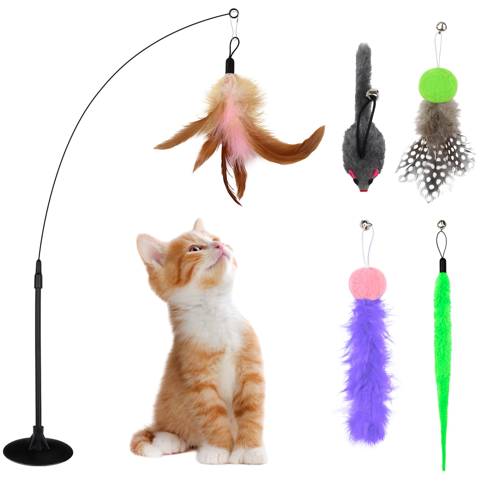 PietyPet Interactive Cat Toy with Super Suction Cup and 5 pcs Replacements Feathers Balls Mice, Cat Accessories Kitten Toys Cat Toys for Indoor Cats