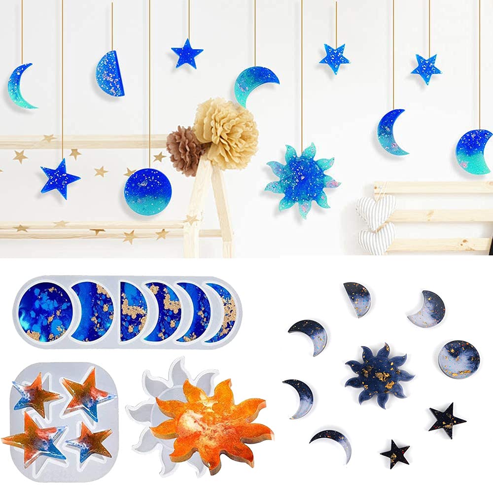 Sun Moon Stars Resin Molds, 89 pcs Silicone Epoxy Casting Molds,Moon Phase Resin Mold for Wall Hanging,Home Decor, Cake Decorations, DIY Resin Crafts