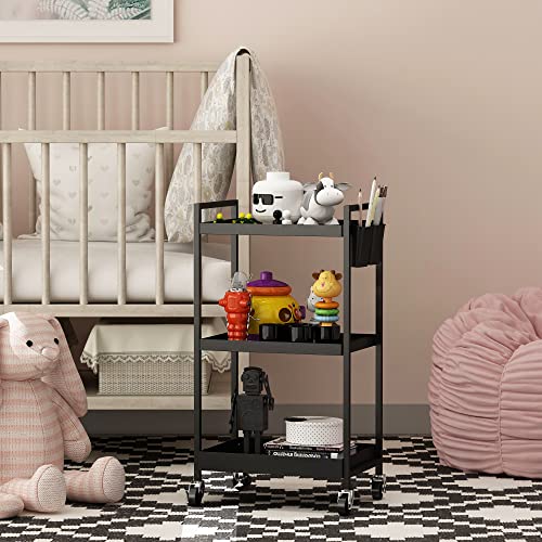 STEEHOOM 3 Tier Utility Rolling Cart, Metal Rolling Storage Cart with Locking Wheels Kitchen Cart with 2 Small Hanging Cups for Bathroom, Office, Balcony, Library, Living Room (Black)