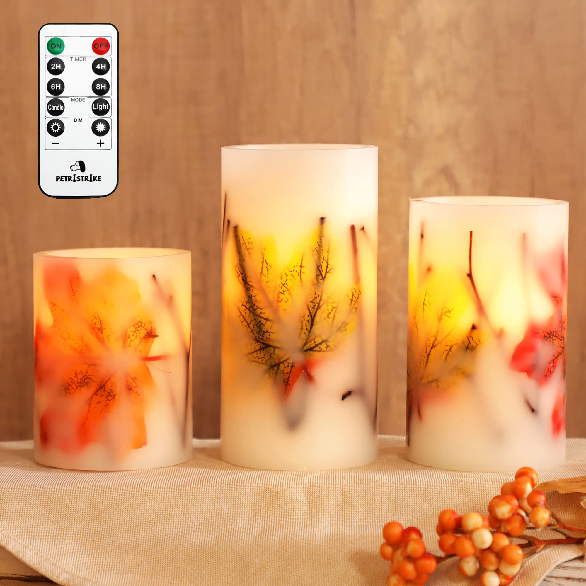 PETRISTRIKE Fall Flameless Candles, Autumn Maple Leaf Led Candles with Remote & Timer, Realistic Flickering Real Wax Candles for Harvest Festive, Thanksgiving Day, Party Decorations