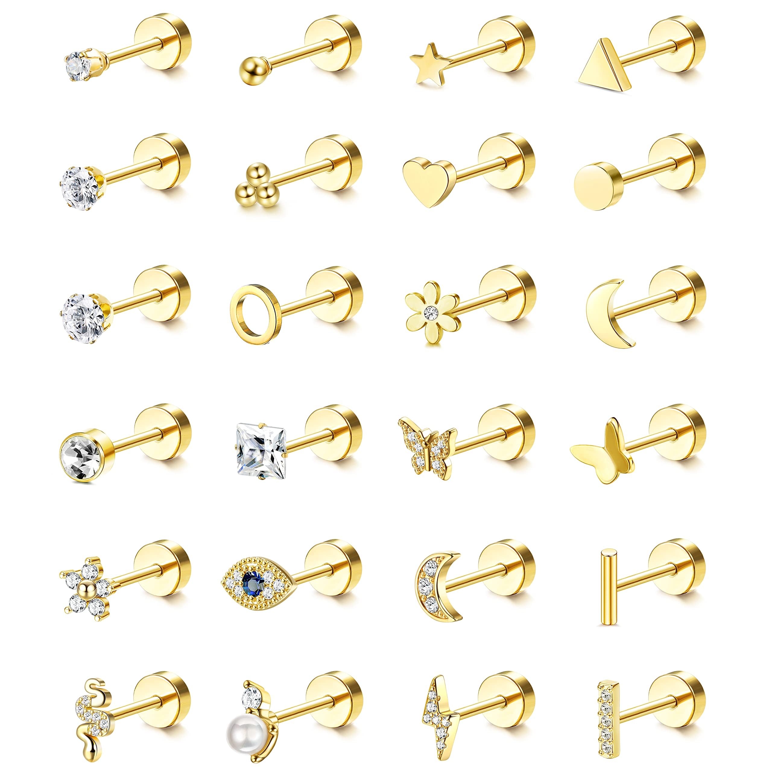 Thunaraz 24Pcs Surgical Steel Stud Earrings for Women Men 20G Tiny Cartilage Earrings Stud Small Snake Moon Star Butterfly Flower Hypoallergenic Screwback Flat Back Stud Earrings Piercing Jewelry