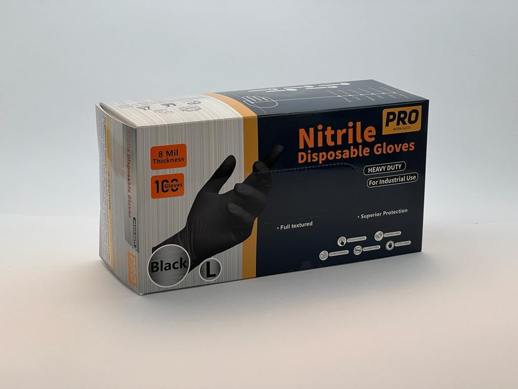 Pro Work Guide Black Nitrile Disposable Gloves 8 Mil, Latex & Powder Free, Full Textured Grip, Chemical Resistance (Extra Large)