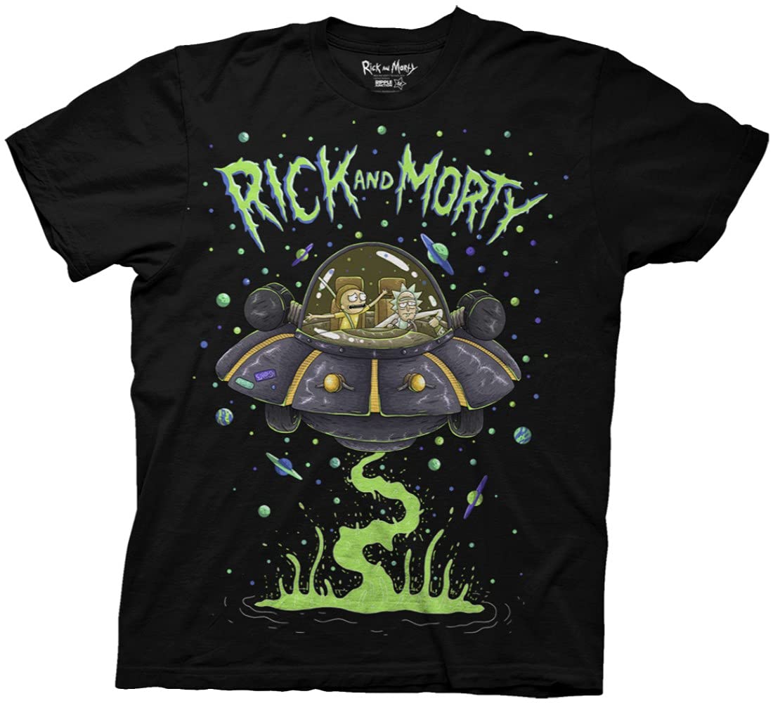 Ripple Junction Rick and Morty Men's Short Sleeve T-Shirt Space Cruiser and Planets Medium Black