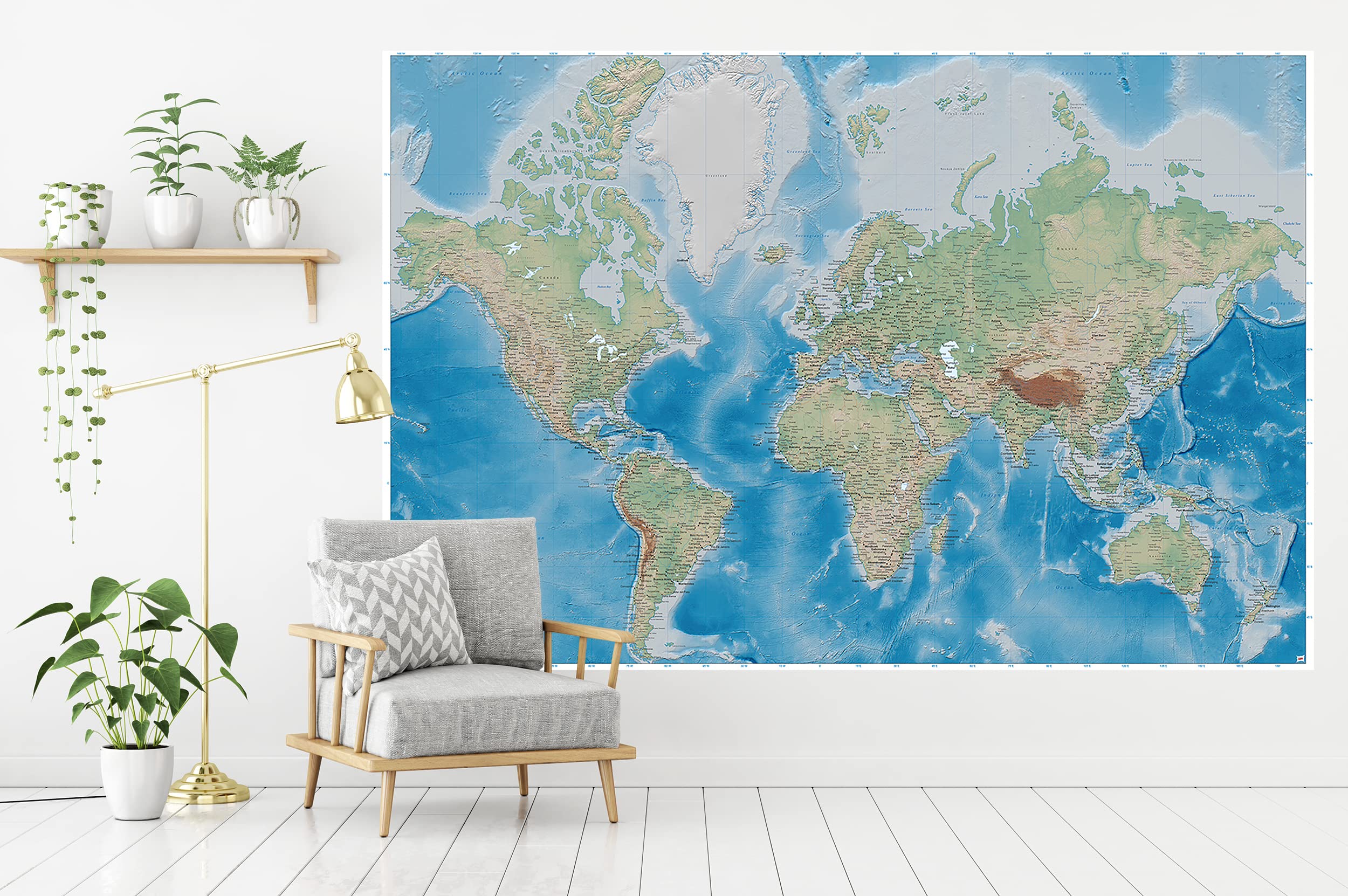 Photo Wallpaper β Modern World Map β Picture Decoration Miller Projection Plastically Relief Design Earth Atlas Globe Continents Image Decor Wall Mural (82.7x55.1in - 210x140cm)