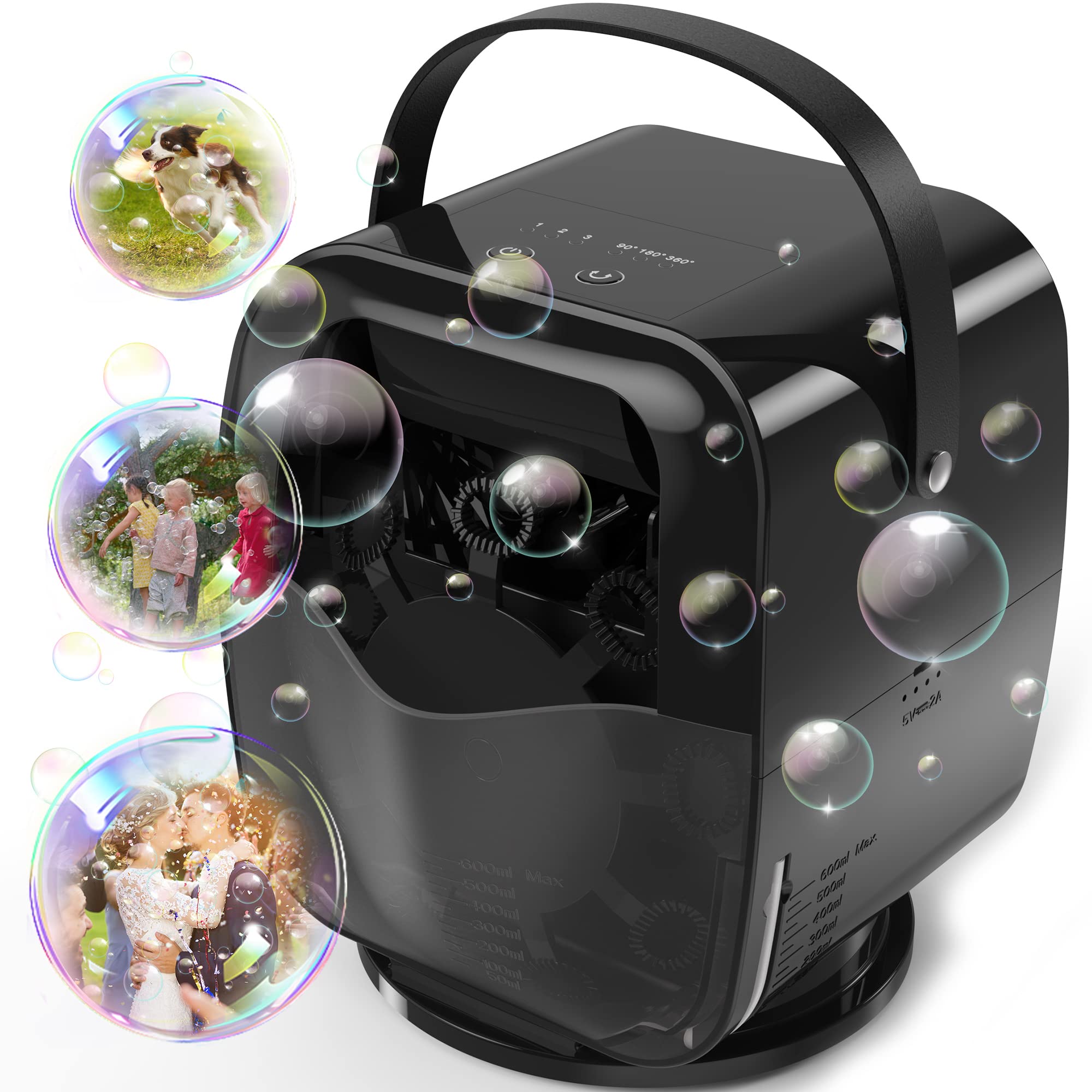Rechargeable Rotatable Bubble Machine, 5000mAh Rechargeable Battery Powered, 3 Speeds, 90°/180°/360° Auto-Rotation, Portable Bubble Blower, USB Bubble Maker for Kids, Pets, Indoor Outdoor Parties