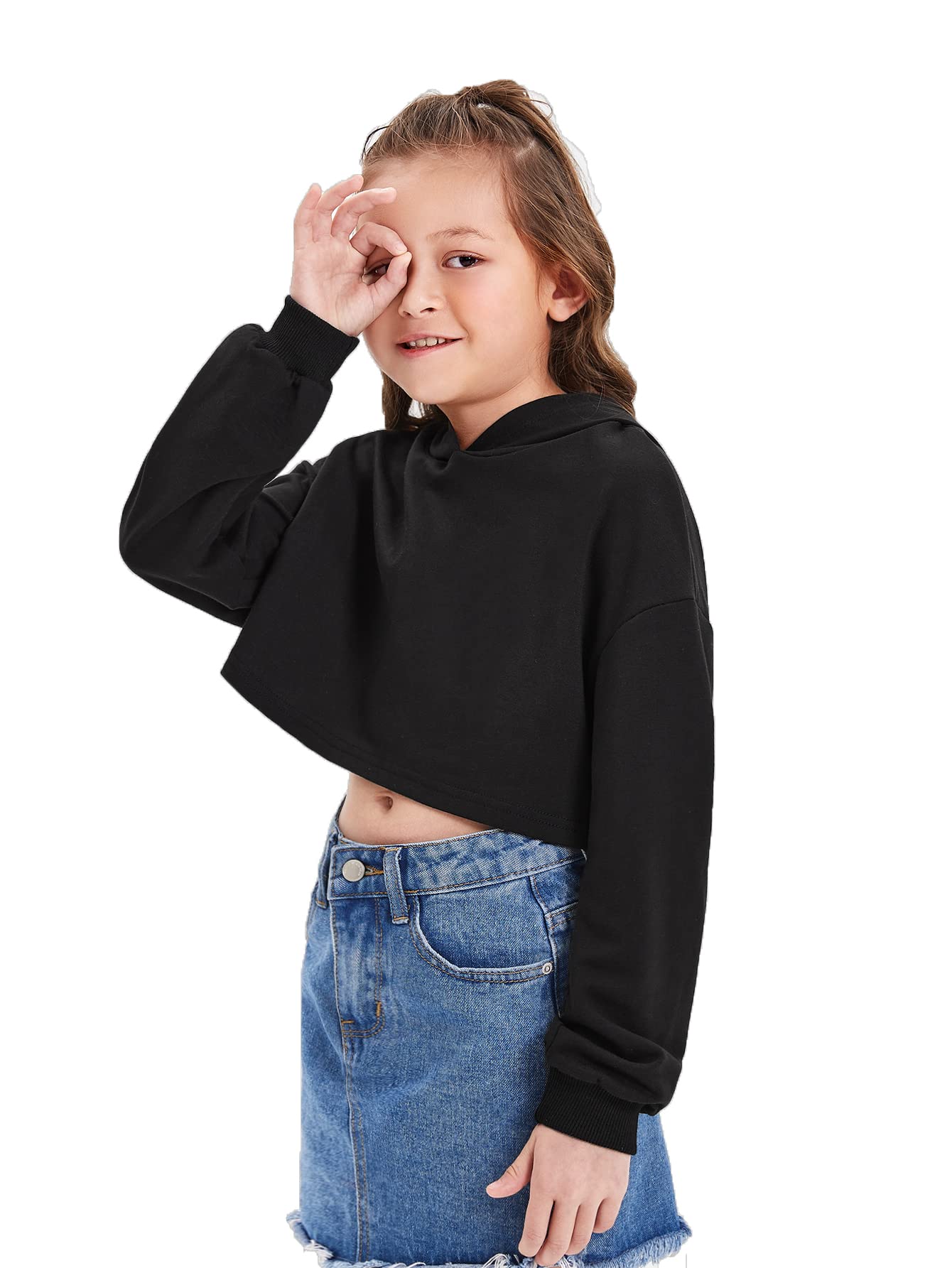 WDIRARA Girl's Cute Cat Ear Crop Tops Long Sleeve Causal Plain Crop Hoodie Sweatshirt Pullover Shirt with Cat Ear Black 8Y