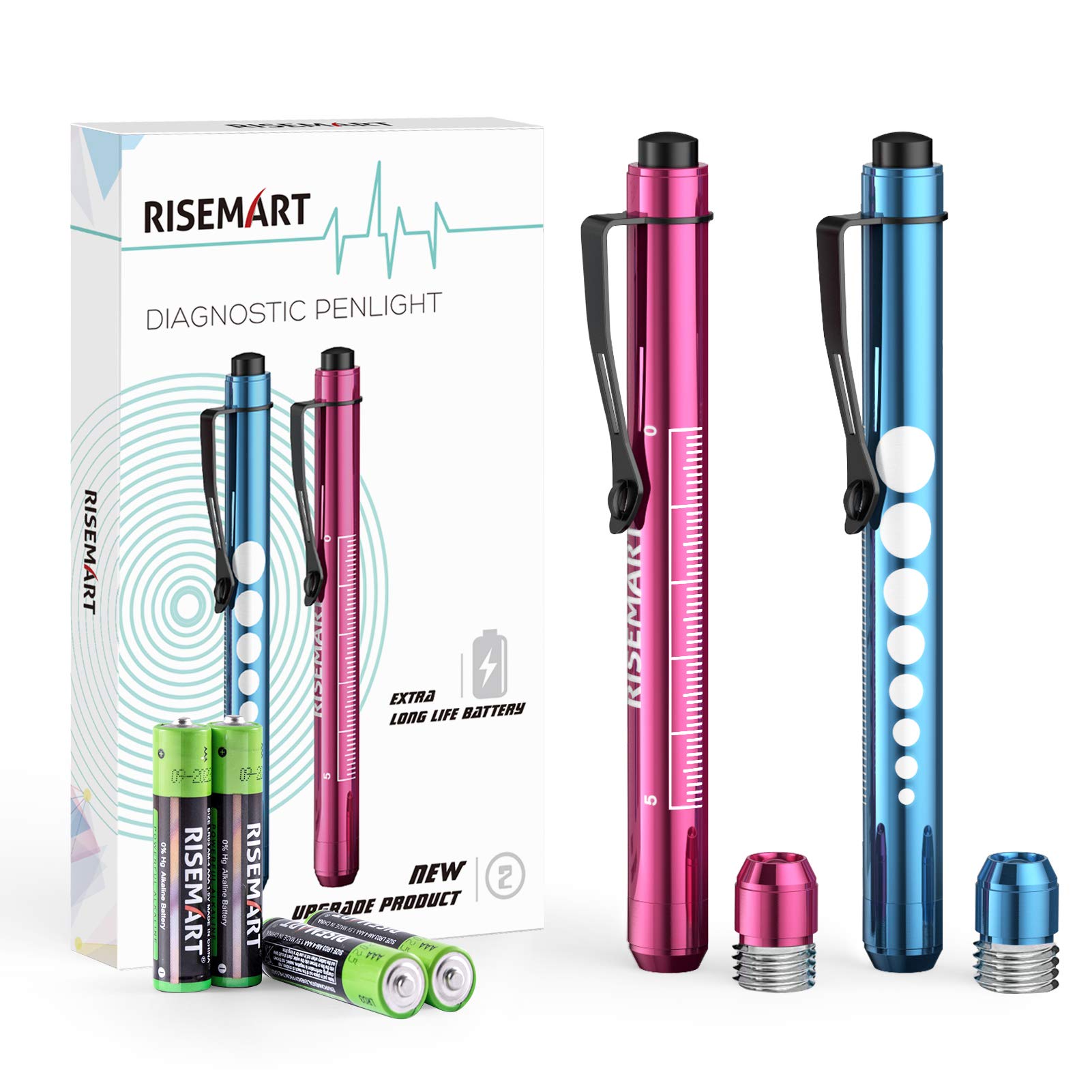 RISEMART Pen Light, Nurse Led Medical Penlight with Pupil Gauge for Nursing Students Doctors Red and Blue with Batteries