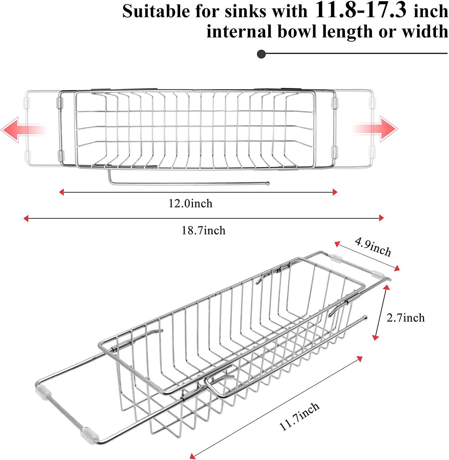 Telescopic Kitchen Sink Organizer Rack, Collapsible Stainless Steel Sink Caddy Drainer with Towel Drying Rack, Sink Basket with Dishcloth Hanger, Soap and Sponge Holder