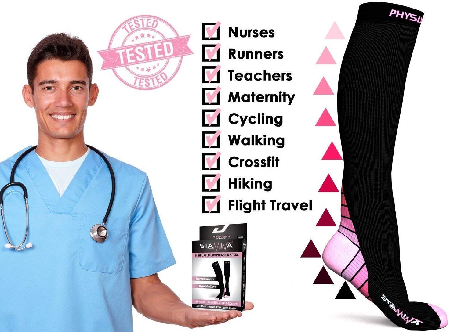 Physix Gear Compression Socks 20-30 mmHg - Men & Women - Running, Nurses, Shin Splints, Flight, Travel (BLACK / PINK-L/XL)