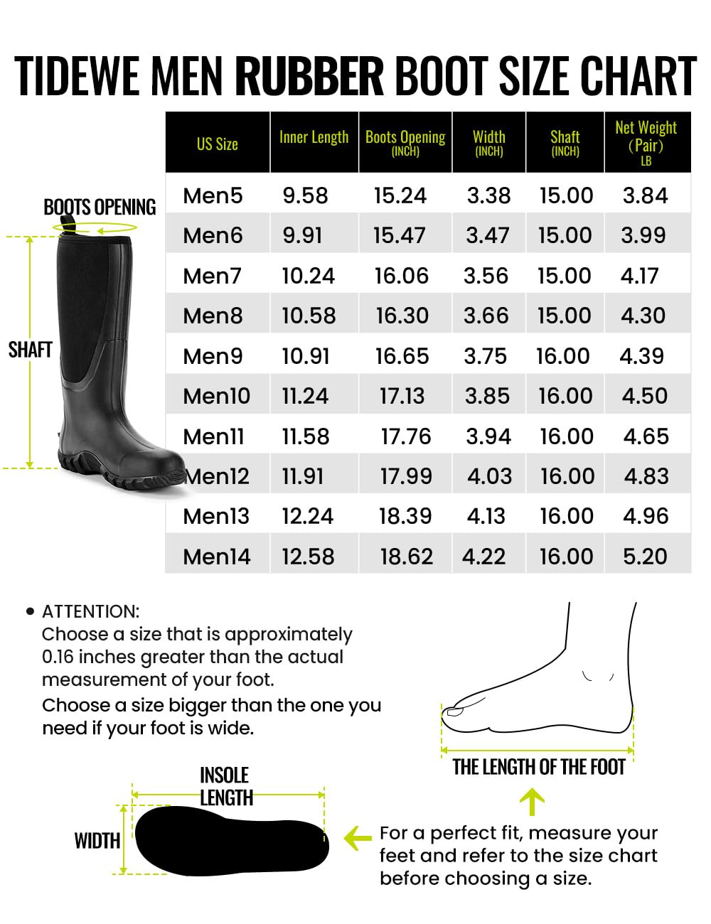 TIDEWE Rubber Boots for Men Multi-Season, Waterproof Rain Boots with Steel Shank, 6mm Neoprene Durable Rubber Outdoor Hunting Boots Size 9