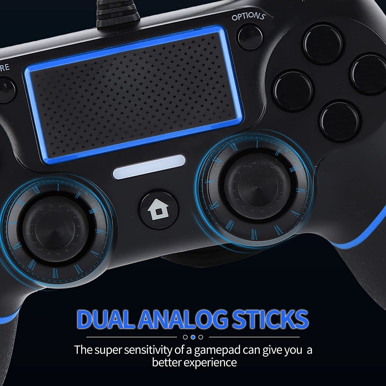 Wintek Inone PS-4 Wired Controller for PS-4/Pro/Slim/PC/Laptop, USB Plug Gamepad Joystick with Dual Vibration and Anti-Slip Grip, Professional USB PS-4 Wired Gamepad（Black & Blue）