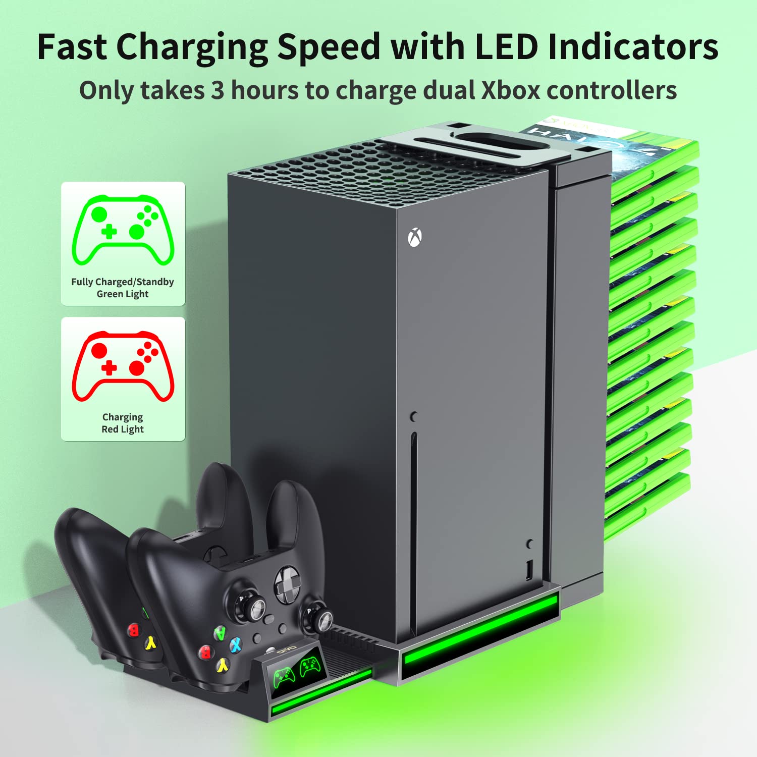 Vertical Stand Compatible Xbox Series X Console, OIVO Controller Charging Station with 2x1300mAh Rechargeable Battery for Xbox Series X|S, Xbox One S|X, Xbox Controller Charger with 14 Slots