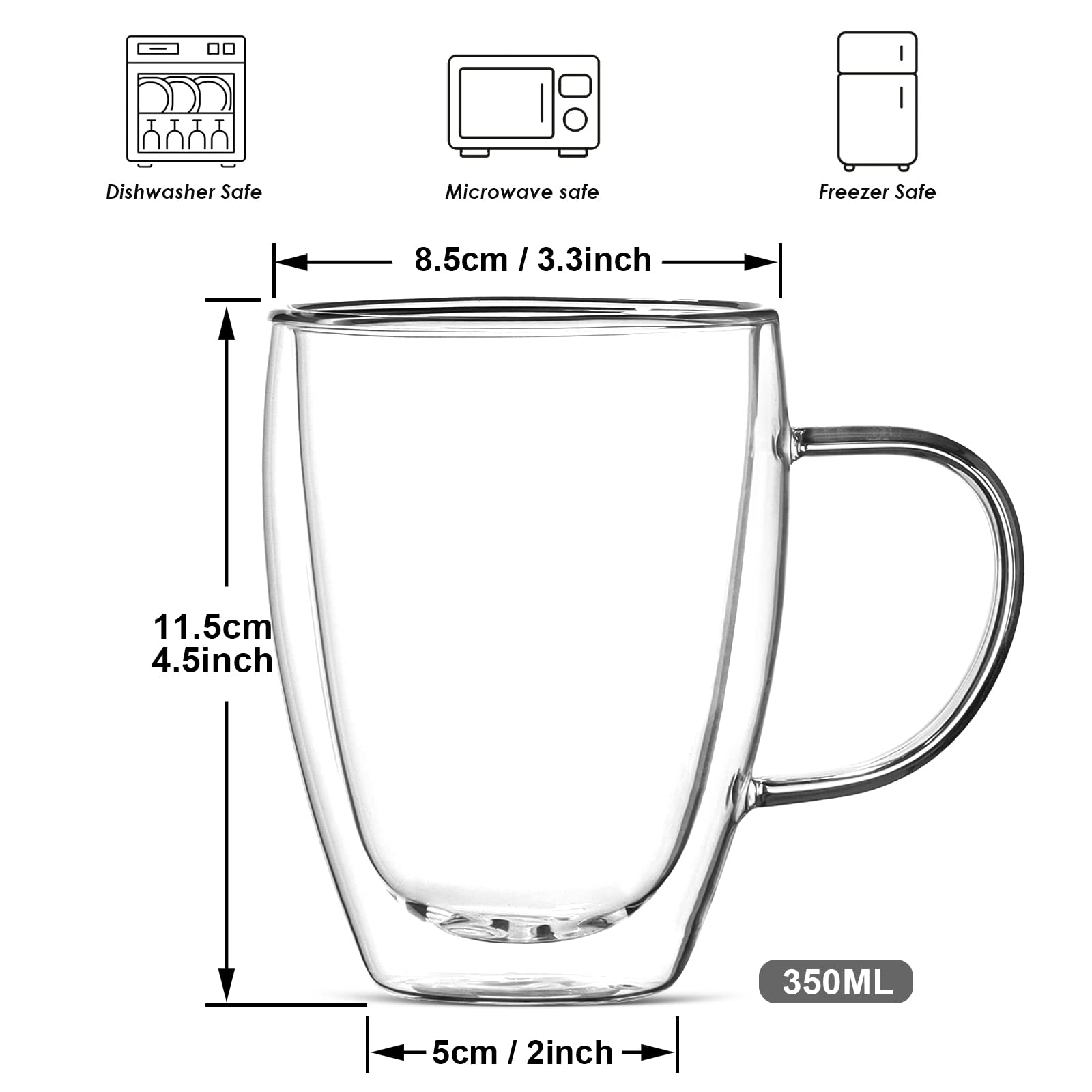 Ulrikco 12 oz Double Walled Glass Coffee Mugs, Clear Cappuccino Glass Mug Set of 4, Double Insulated Glass Coffee Mugs with Handle, Latte Mug, Espresso Mug Cups for Hot/Cold Drinks, Dishwasher Safe