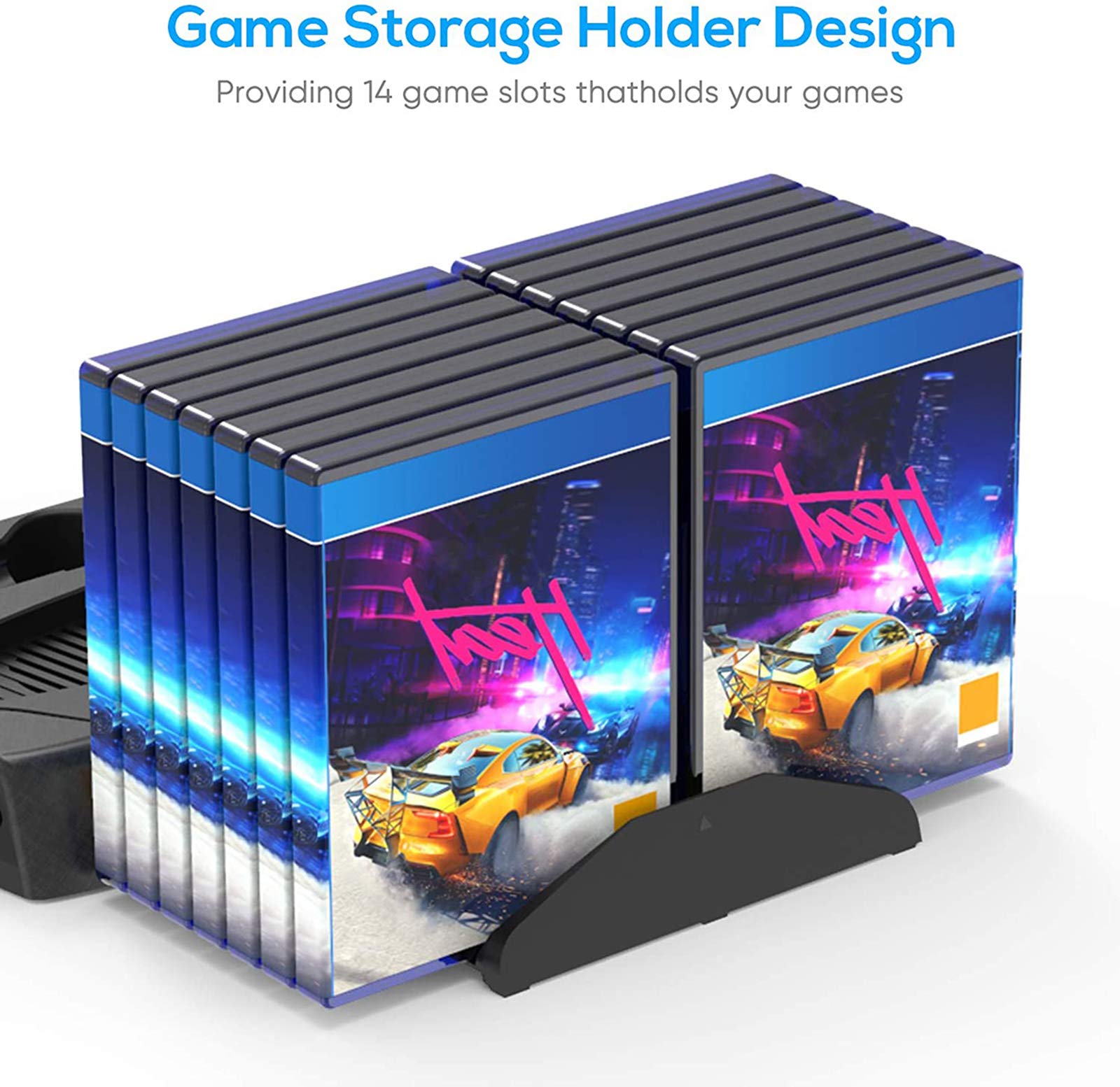 Vertical Stand for PS5 - With Cooling Fan Digital Edition/Ultra HD Playstation 5 Stand Controller Charge Station with Dual Controllers EXT Port Charger Dock and 3 USB HUB, 14 Game Slots