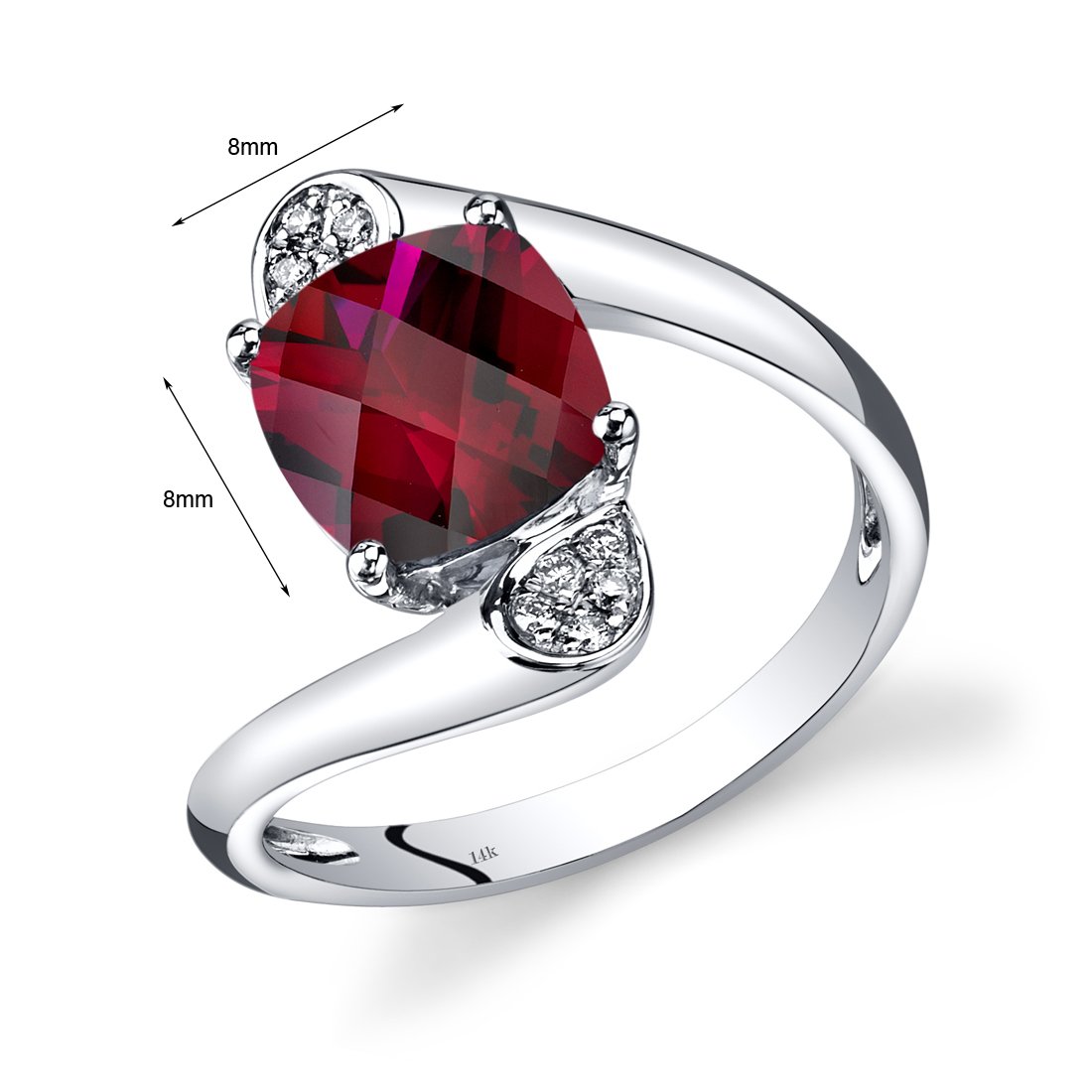 PEORA Created Ruby and Genuine Diamond Bypass Solitaire Ring for Women 14K White Gold, 2.83 Carats total, 8mm Cushion Cut, Size 7