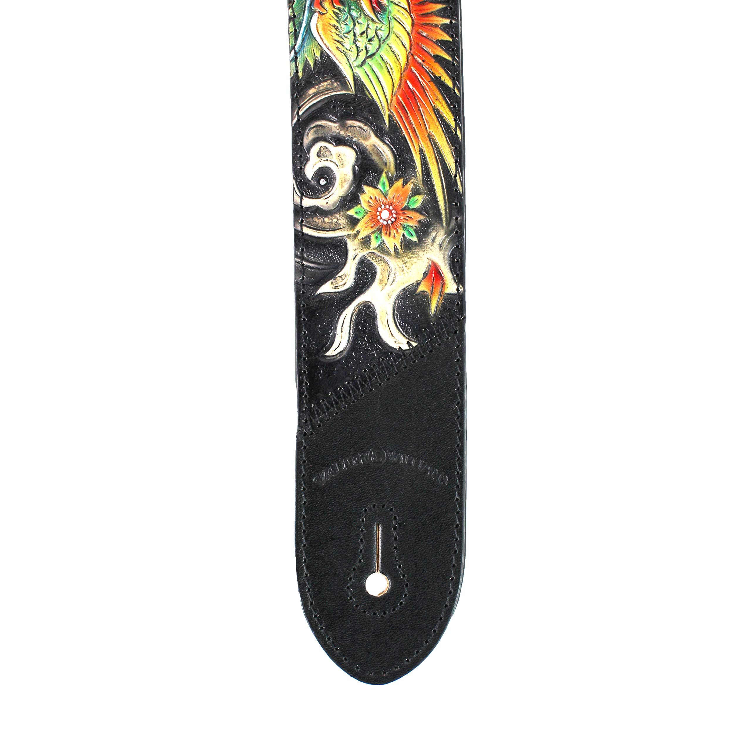 Walker And Williams KB-31 Skinny Series 2" Wide Flat Black Premium Grain Leather Padded Guitar Strap With Hand Tooled Red And Gold Phoenix Design