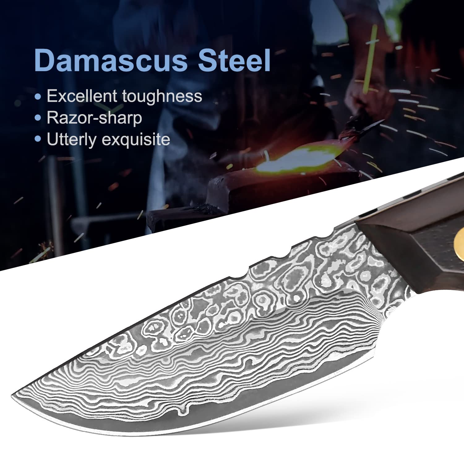 XITUO Damascus Bushcraft Knife, Hunting Knife - Handmade Survival Knife, forged Fixed Blade Knife, 5.5'β EDC Camping Knife for Men | Fixed Blade with Ebony Wood Handle Leather Sheath