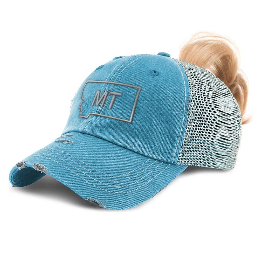 Speedy Pros Womens Ponytail Cap Montana State Map Mt Embroidery Cotton Messy Bun Distressed Trucker Hats Strap Closure Turquoise Design Only