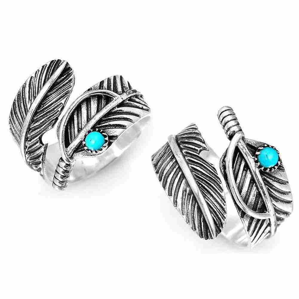 weeee Stainless Steel Feather Turquoise Ring Feather Boho Wide Nature Ring Adjustable Silver Turquoise Feather Ring for Women Men