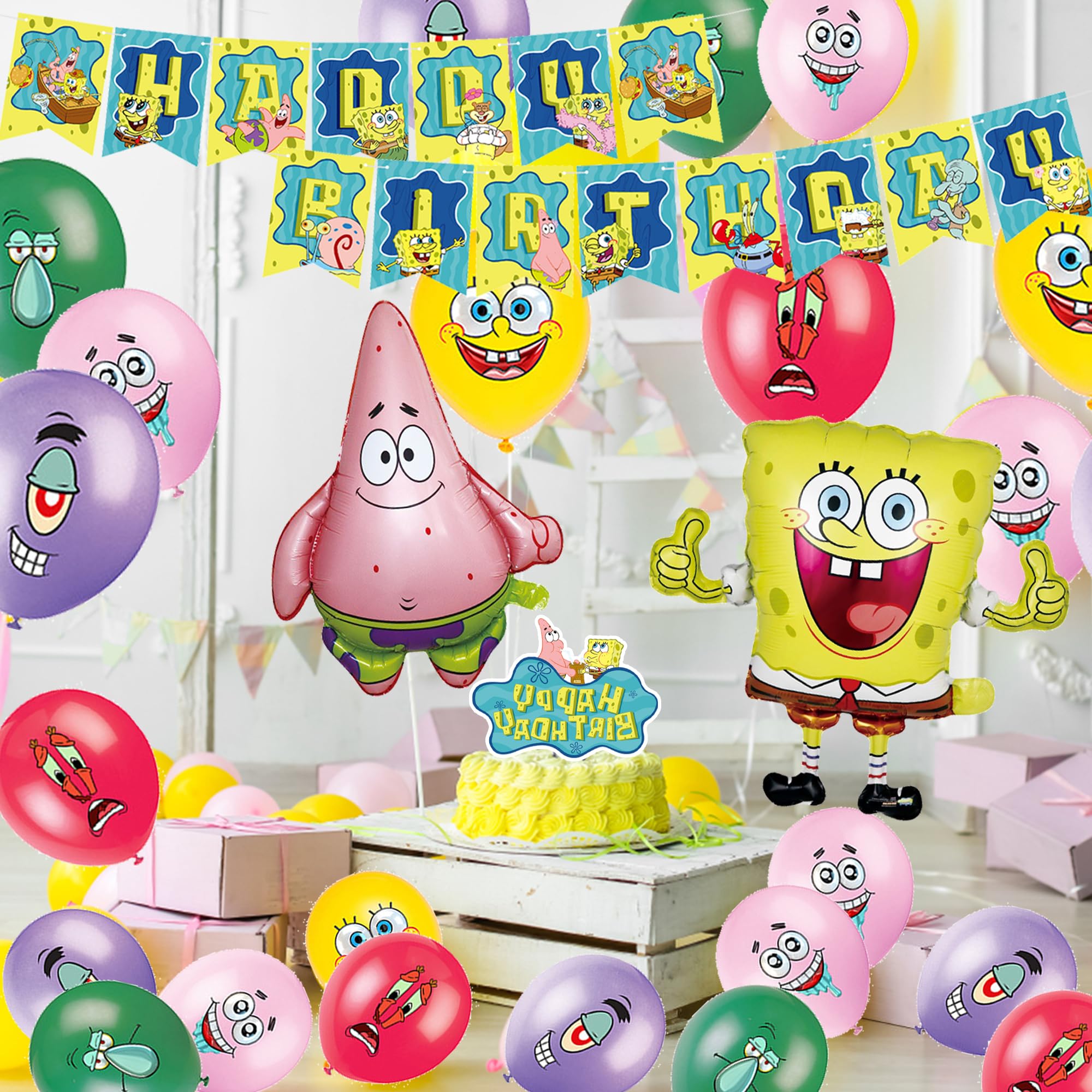 Sponge Theme Birthday Party Supplies, Birthday Decorations includes Happy Birthday Banner, Backdrop, Balloon, Cake Topper, Tableware, Napkins, Stickers