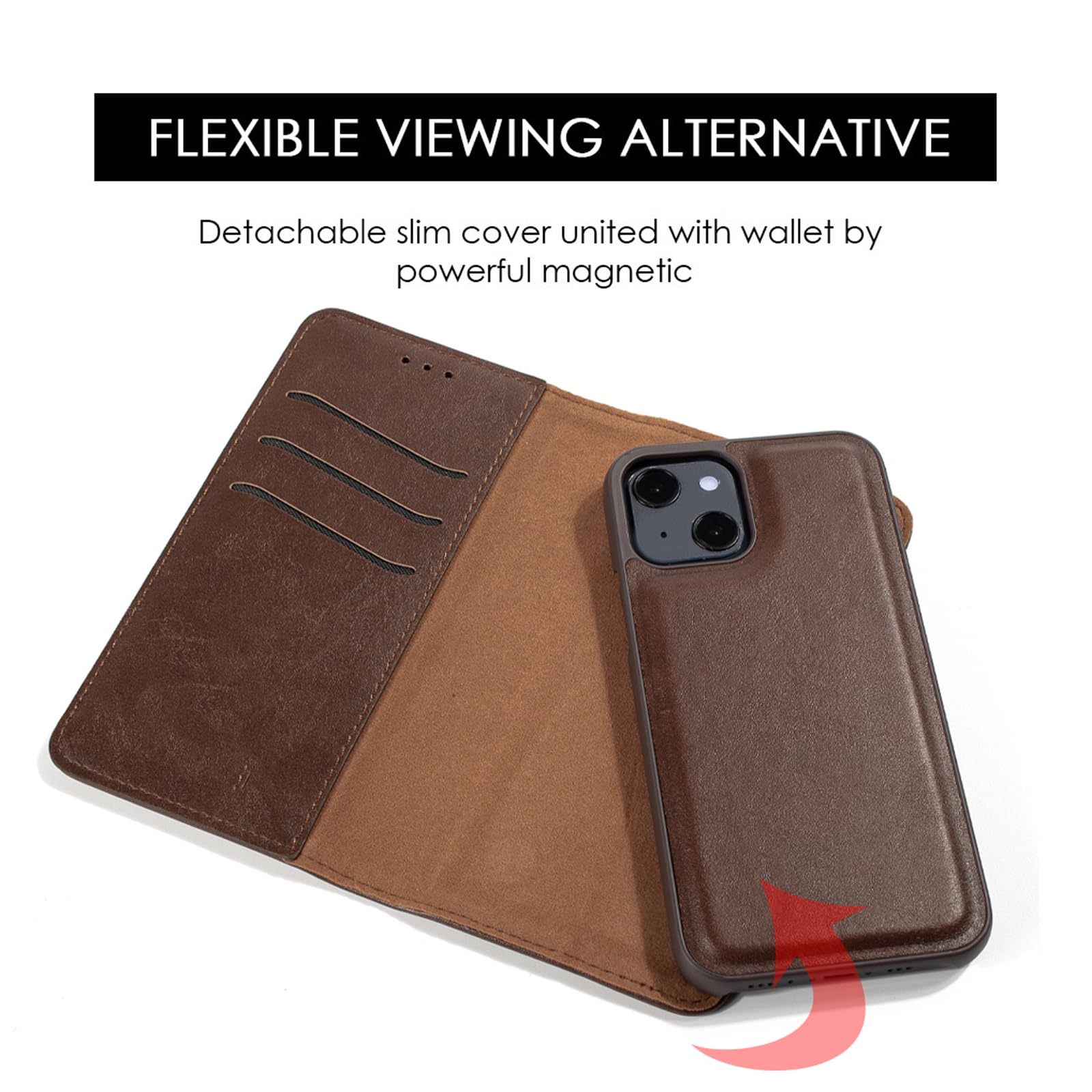 Professional 3 Card Slot Wallet Flip Cover with Removable Hard Shell Leather Back Cover for iPhone 15 Plus / 14 Plus (6.7") Brown