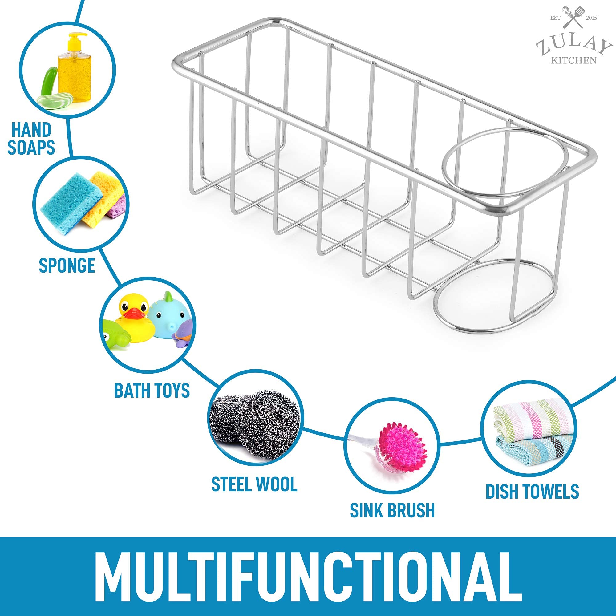 Zulay 2-in-1 Sponge Holder for Sink - Stainless Steel Kitchen Sink Sponge Holder with Extra Strong Adhesive - Rust Proof Dish Brush Holder & Dish Sponge Holder - Solid Sponge Caddy Sink Organizer