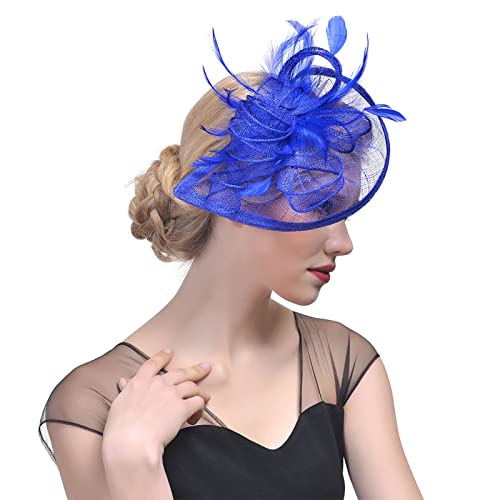 Women's Fascinators Hat For Women Wedding Flower Cocktail Mesh Feathers Hair Clip Tea Party Headband, Blue, One Size, 2