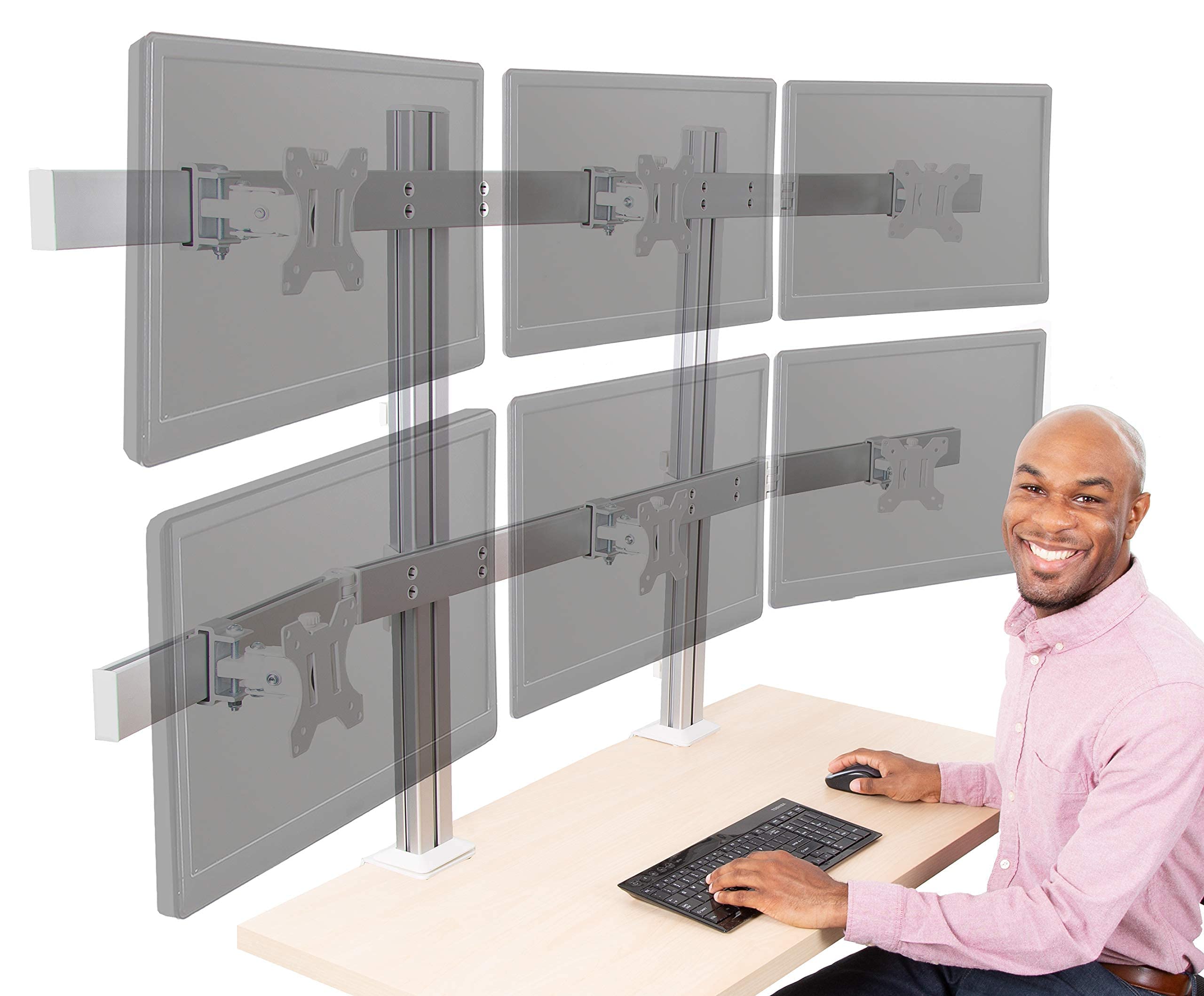 Stand Steady 6 Monitor Mount Desk Setup - Heavy-Duty Height Adjustable Monitor Stand, Swivel Arm with Clamp-On Base, 6 Screen VESA Mount Fits Most LCD/LED Monitors 17-32 in. (Silver, 6 Mounts)