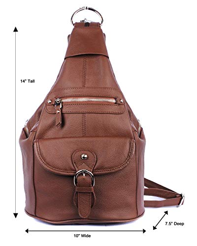 Roma Leathers Fashion Leather Backpack - Premium Brown Cowhide Leather - Buckle Front Closure - Metal Zipper Hardware - Convertible Shoulder Straps - Multi Pocket Shoulder Bag - Designed in U.S.A.