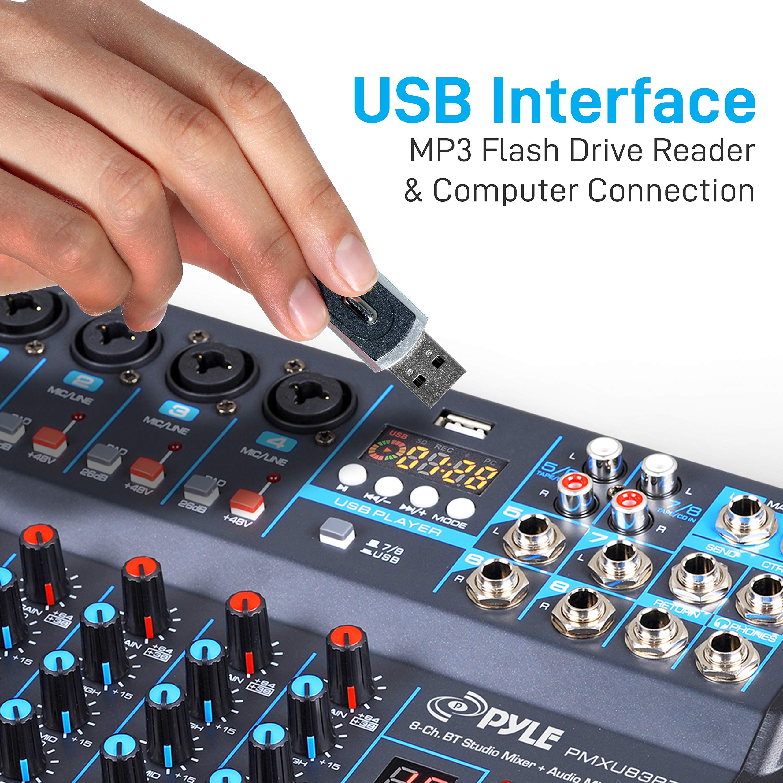 Pyle Professional Audio Mixer Sound Board Console Desk System Interface 8 Channel Digital USB Bluetooth MP3 Computer Input 48V Phantom Power Stereo DJ Studio FX 16Bit DSP Processor PMXU83BT, Black